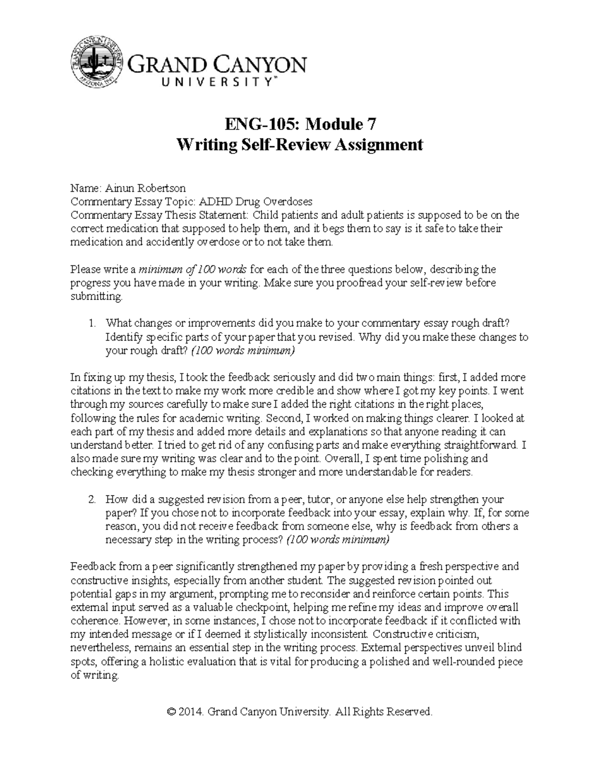 ENG 105 RS Self Review Assignment - ENG-105: Module 7 Writing Self ...