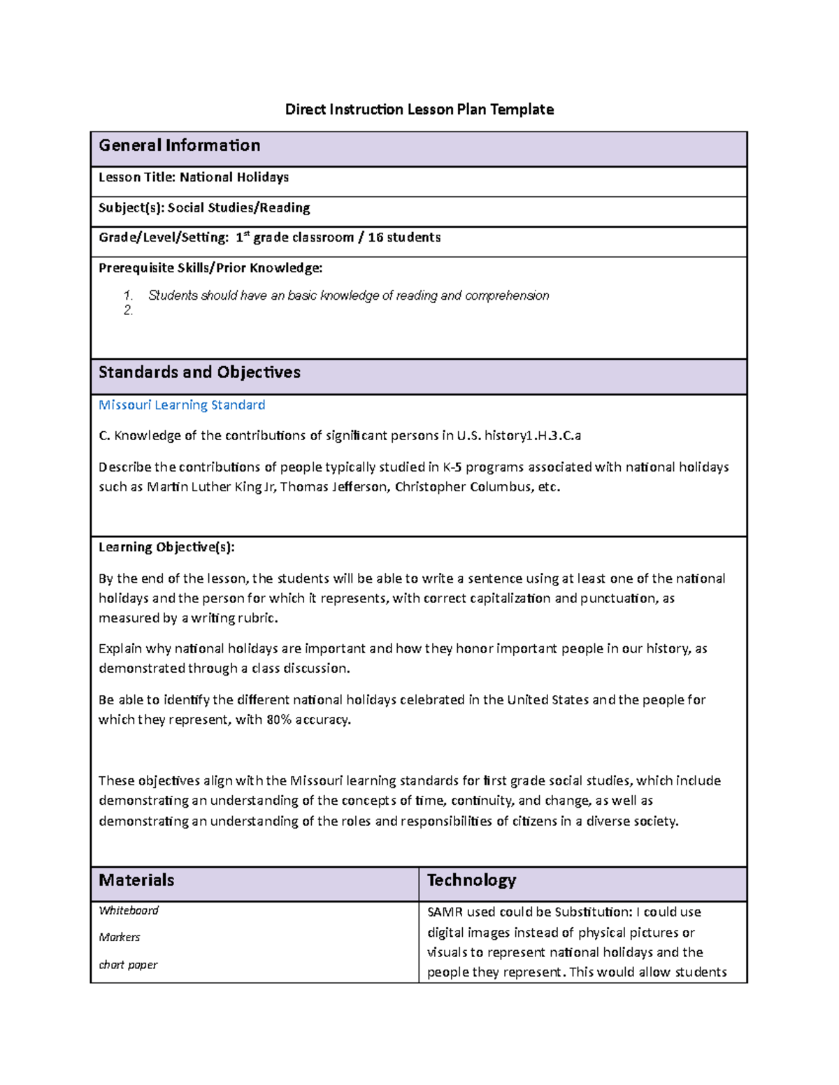 C732 Task 2 writing - Direct Instruction Lesson Plan Template General ...