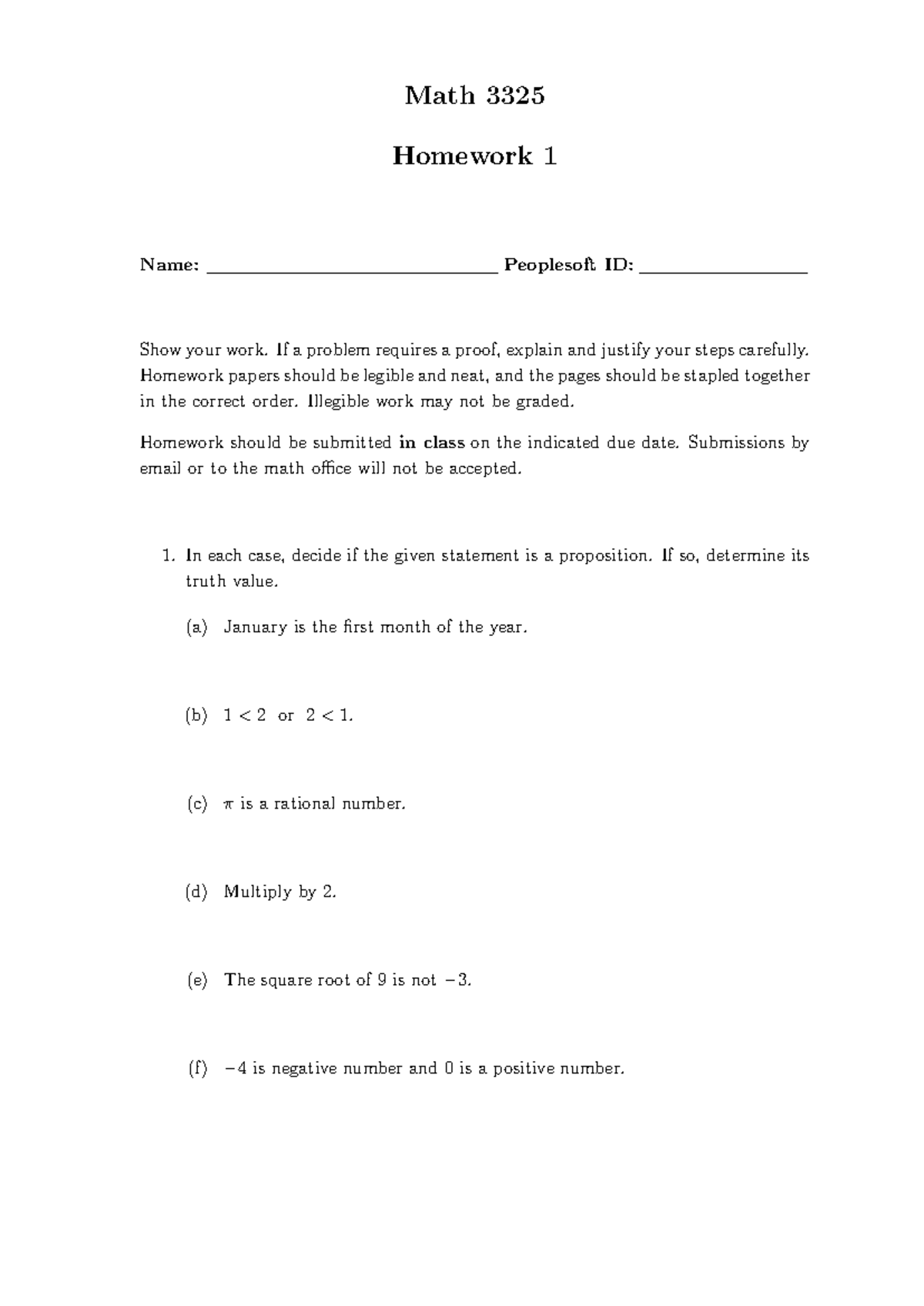 Transition to Advanced Mathematics - Tutorial 1 - Math 3325 Homework 1 ...