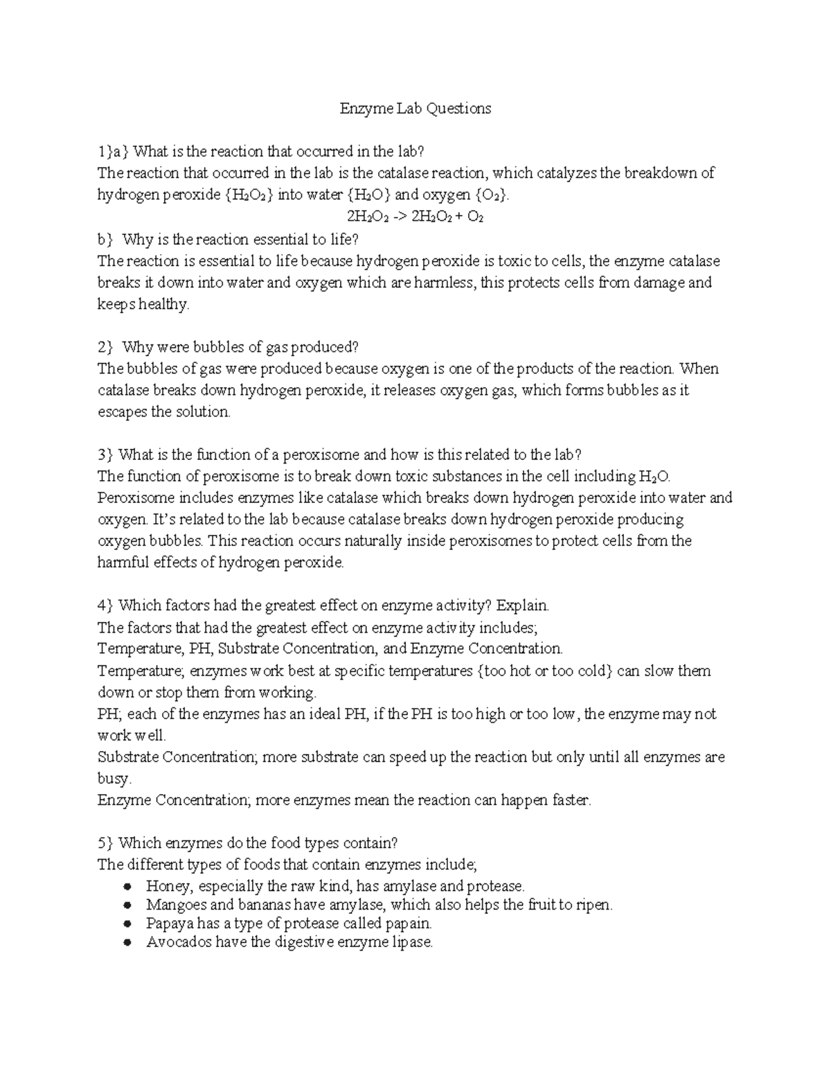 Enzyme Lab Questions - Enzyme Lab Questions 1}a} What is the reaction ...