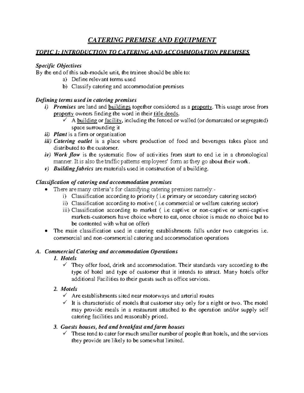 Catering Premise AND Equipment notes-1 - CATERING PREMISE AND EQUIPMENT ...