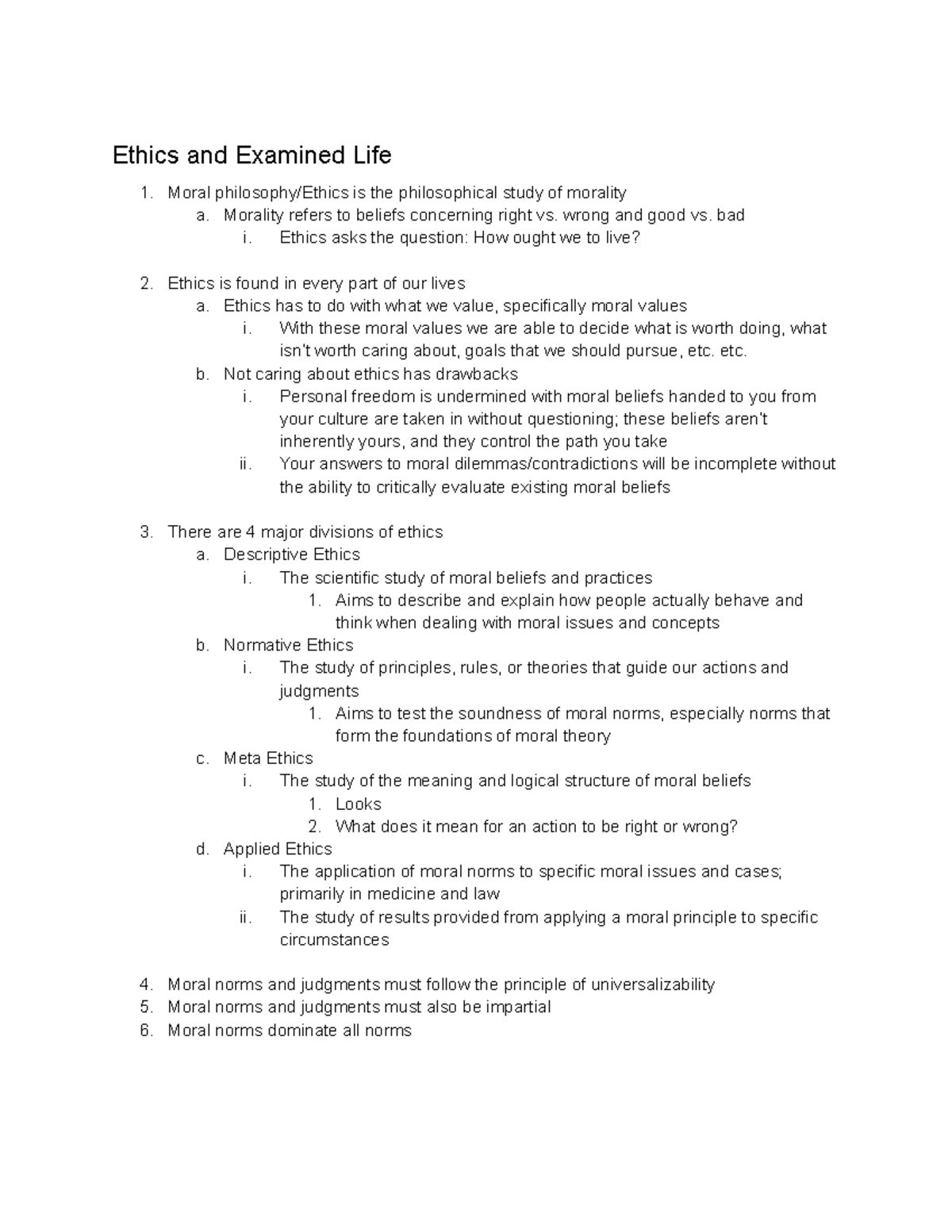 Phil 13 reading outlines - Ethics and Examined Life Moral philosophy ...