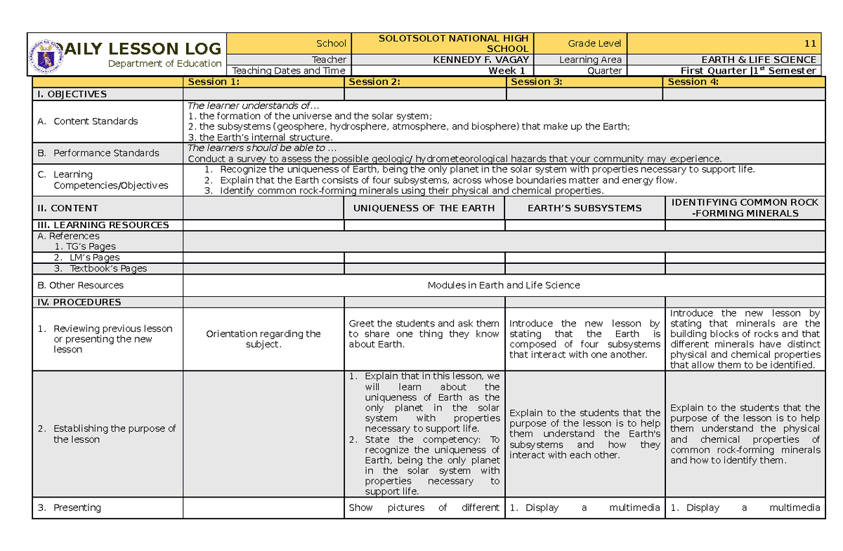 DLL ELS Quarter 1 WEEK 1 - Thank you - DAILY LESSON LOG Department of ...