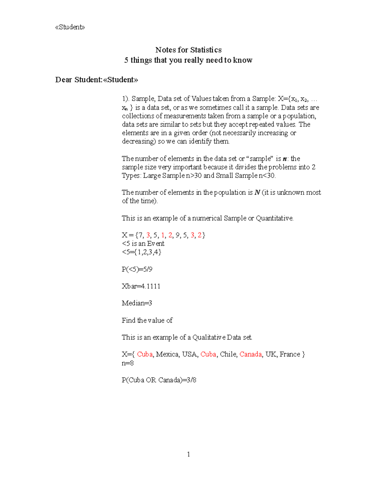 Notes for Mat 152 1,2,3,4 - Notes for Statistics 5 things that you ...