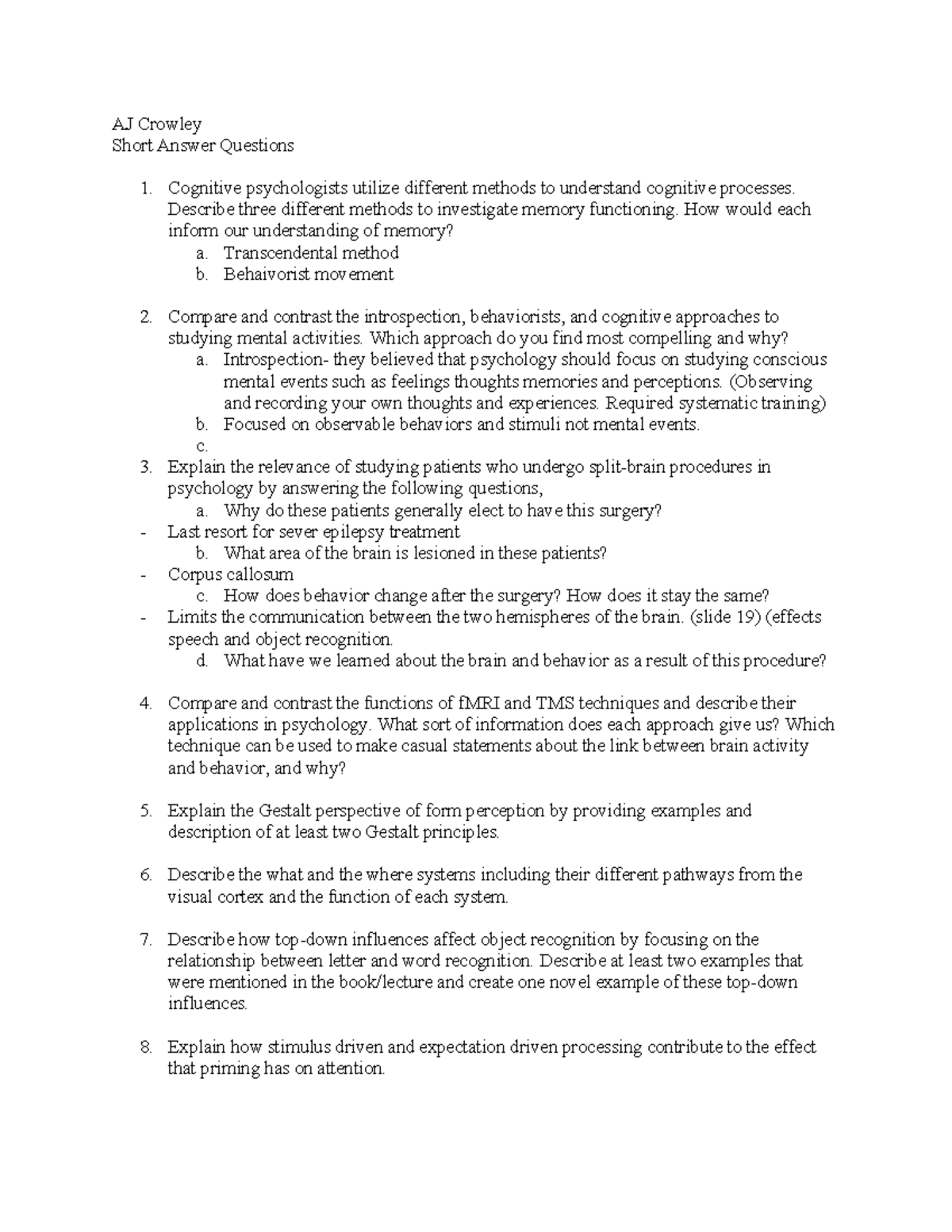 Midterm Questions - AJ Crowley Short Answer Questions 1. Cognitive ...