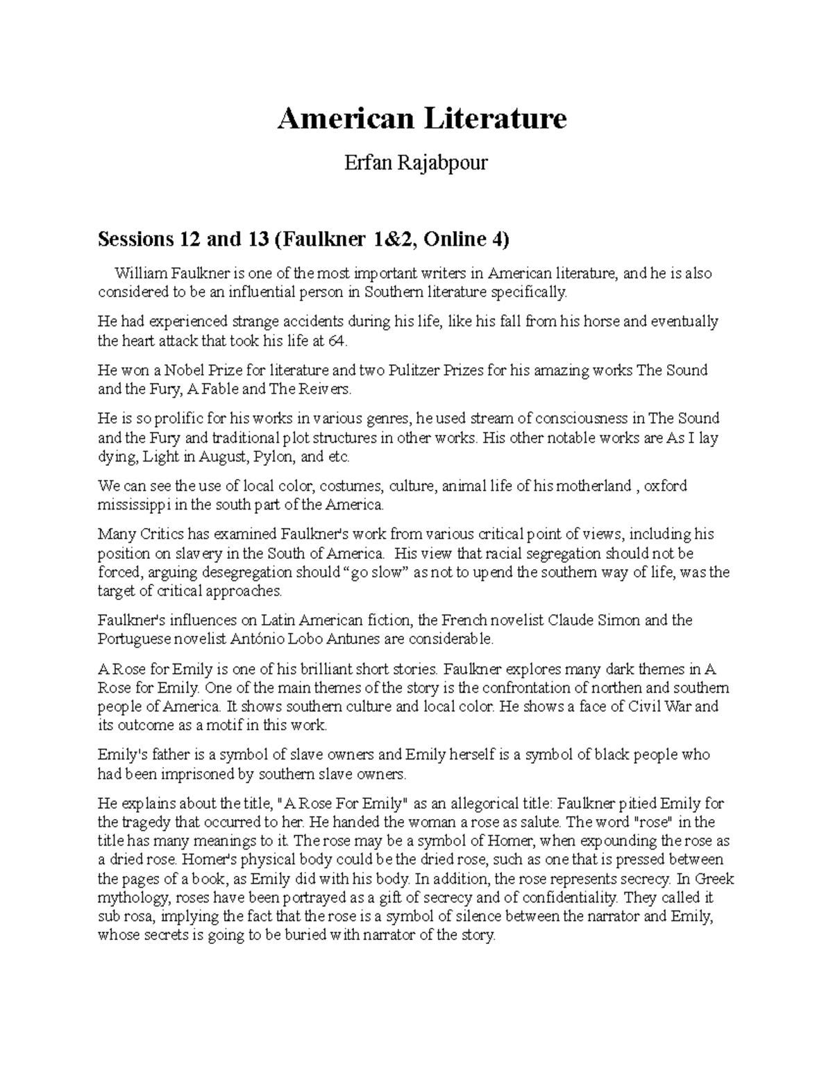American Literature Course notes - American Literature Erfan Rajabpour ...