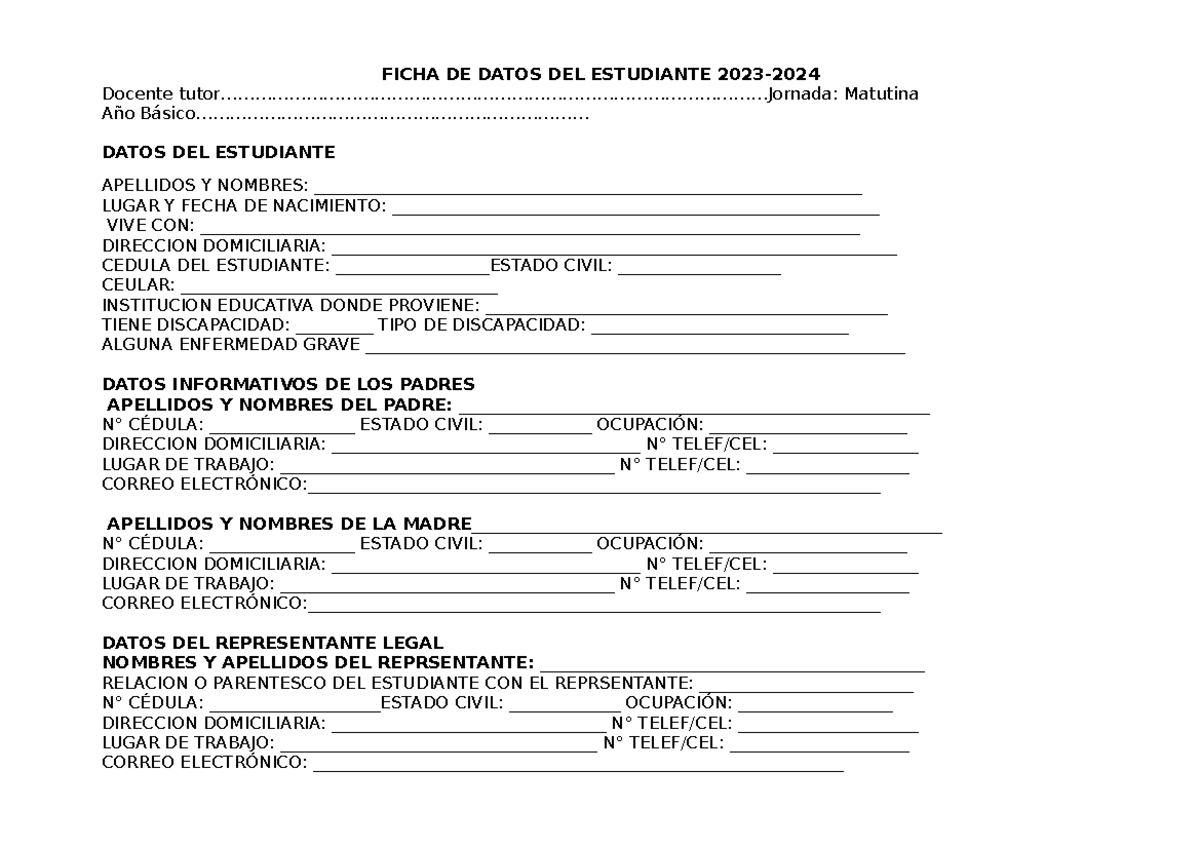 Ficha DE Datos DEL Estudiante 2023 - FICHA DE DATOS DEL ESTUDIANTE 2023 ...