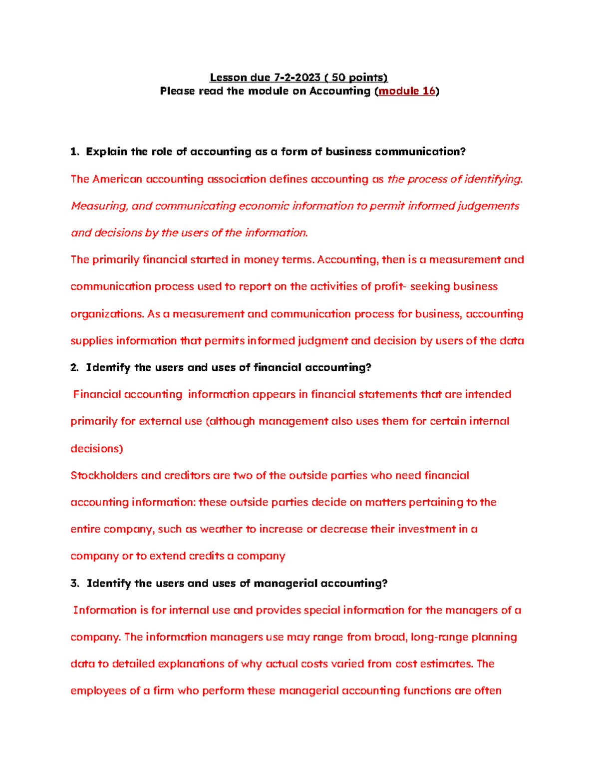 bookwork business - Lesson due 7-2-2023 ( 50 points) Please read the ...