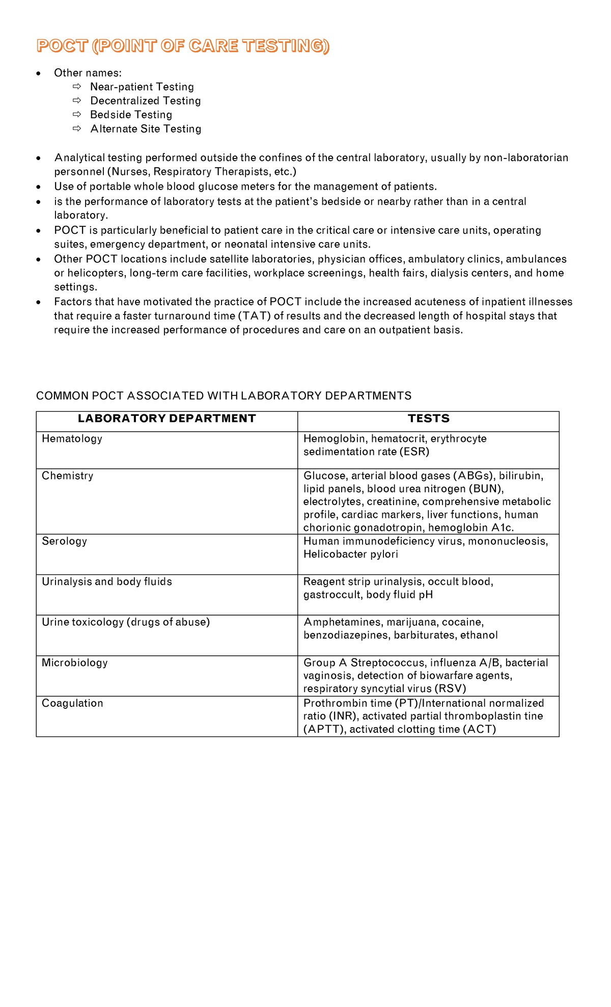 MLSP POCT WEEK 10 - none - Other names: Near-patient Testing ...