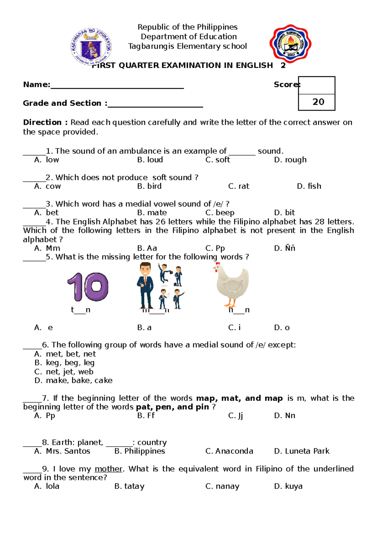 English 1ST Quarter Examination - Republic of the Philippines ...