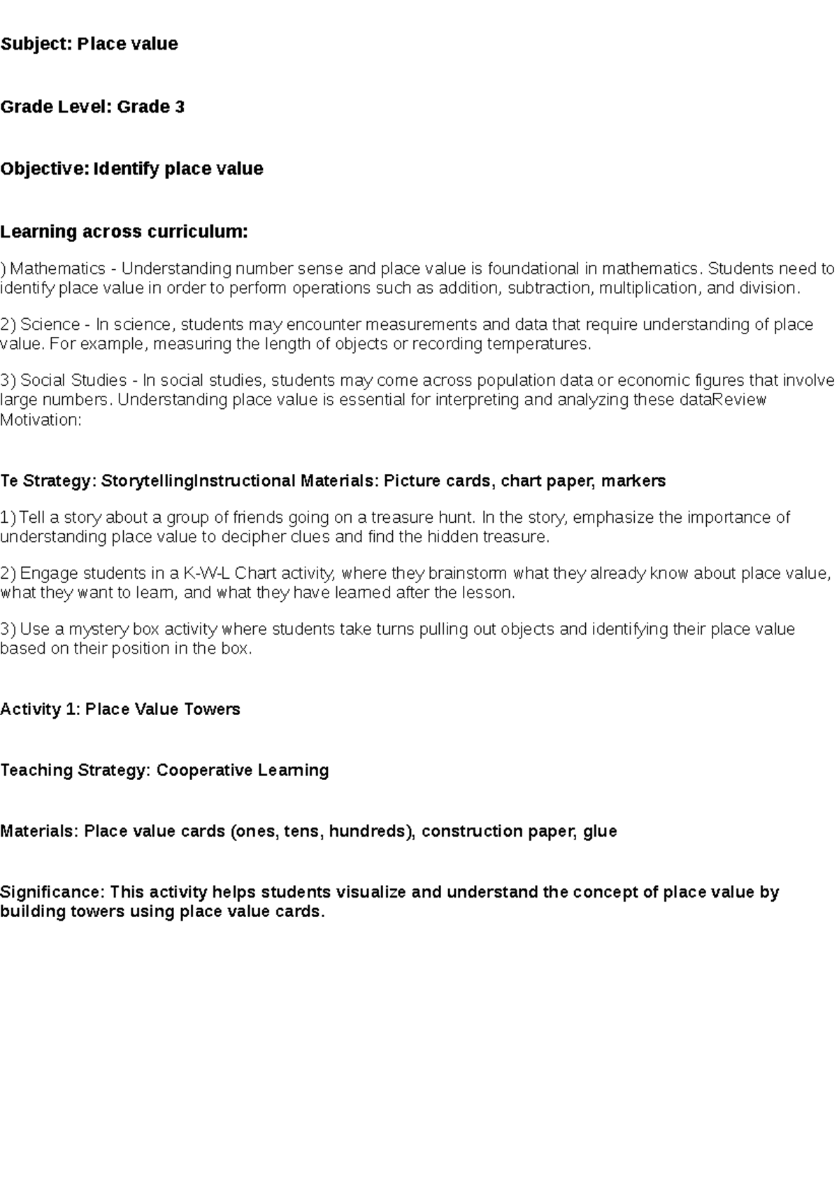 Lesson plan - Support material - Subject: Place value Grade Level ...