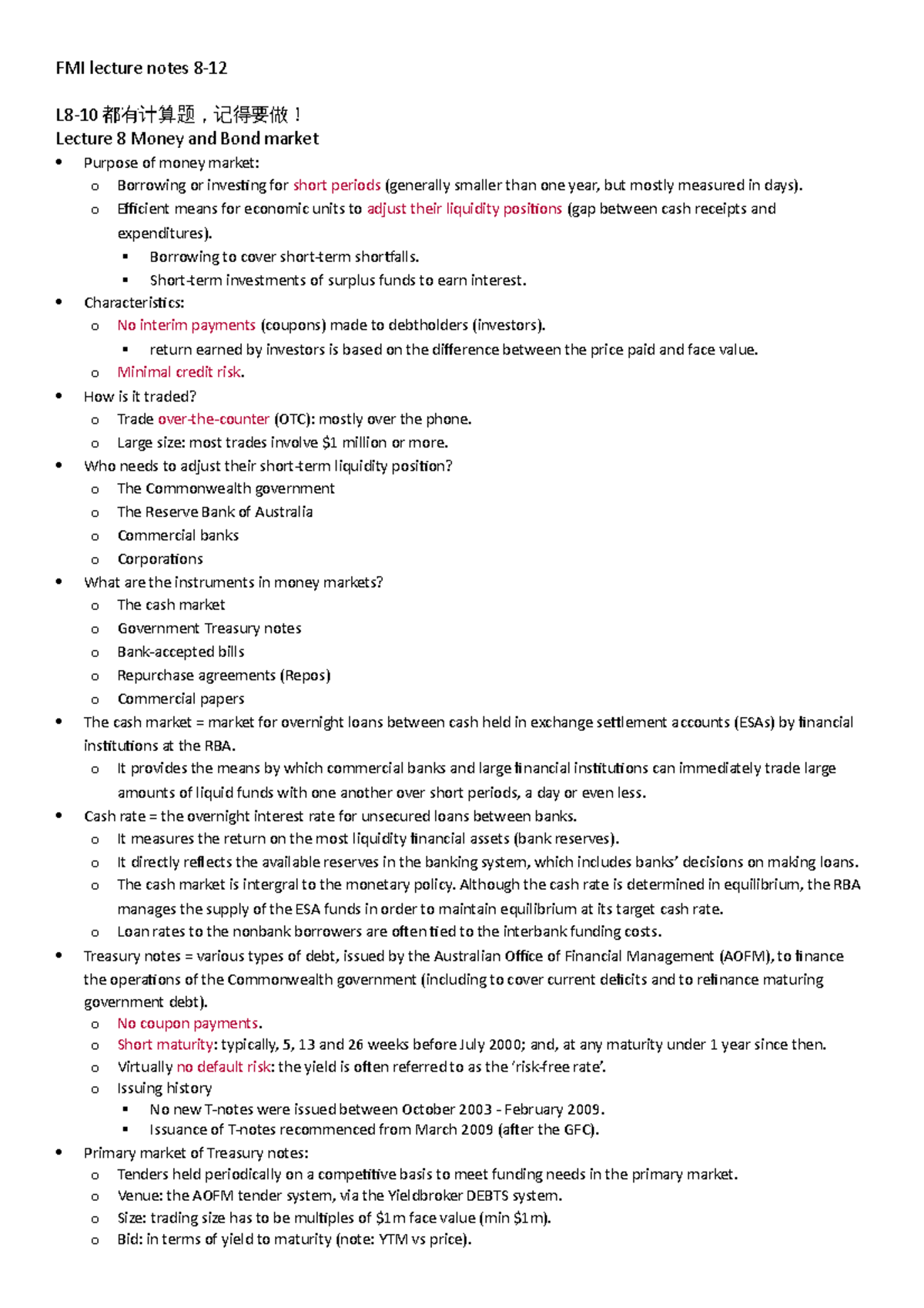 FMI lecture 8-12 - FMI lecture notes 8- L8-10都有计算题，记得要做！ Lecture 8 ...