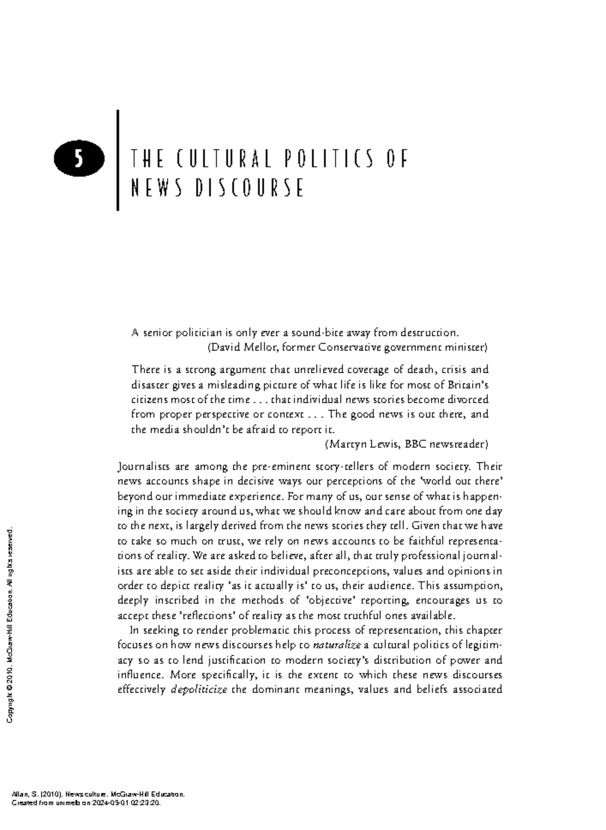 News Culture - (5 THE Cultural Politics OF NEWS Discourse) - 5 T H E C ...