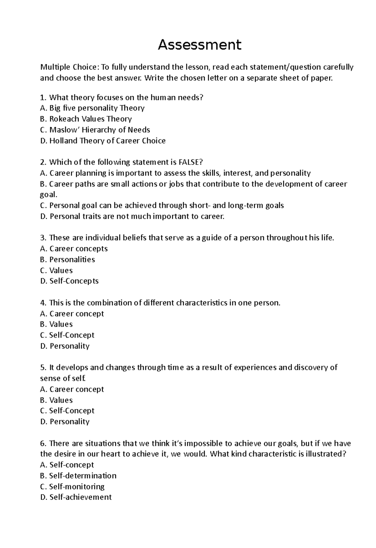 Assessment in Career Planning and Decision Making - Assessment Multiple ...