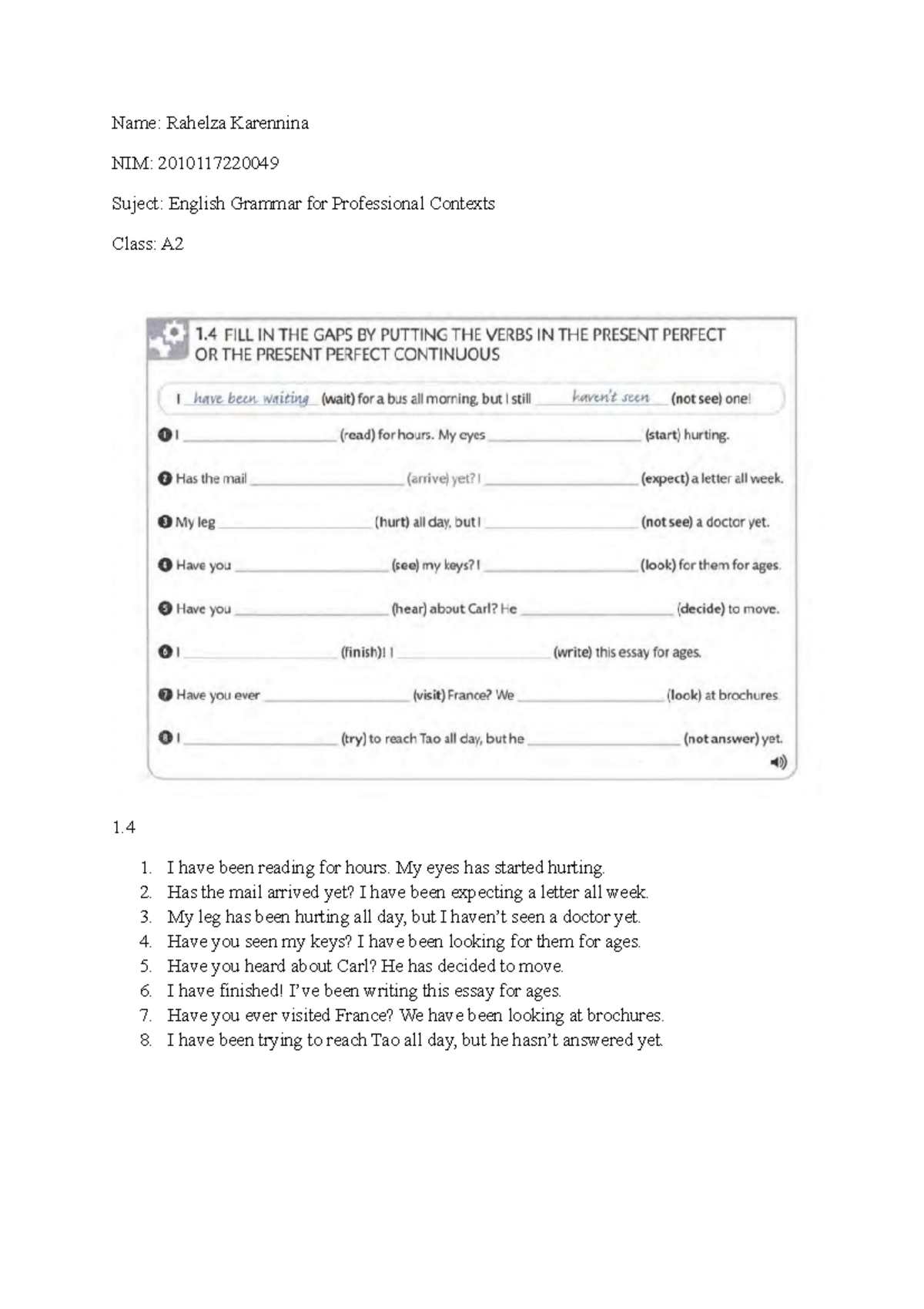 Practice Material About Grammar 1 part 1 - Name: Rahelza Karennina NIM ...