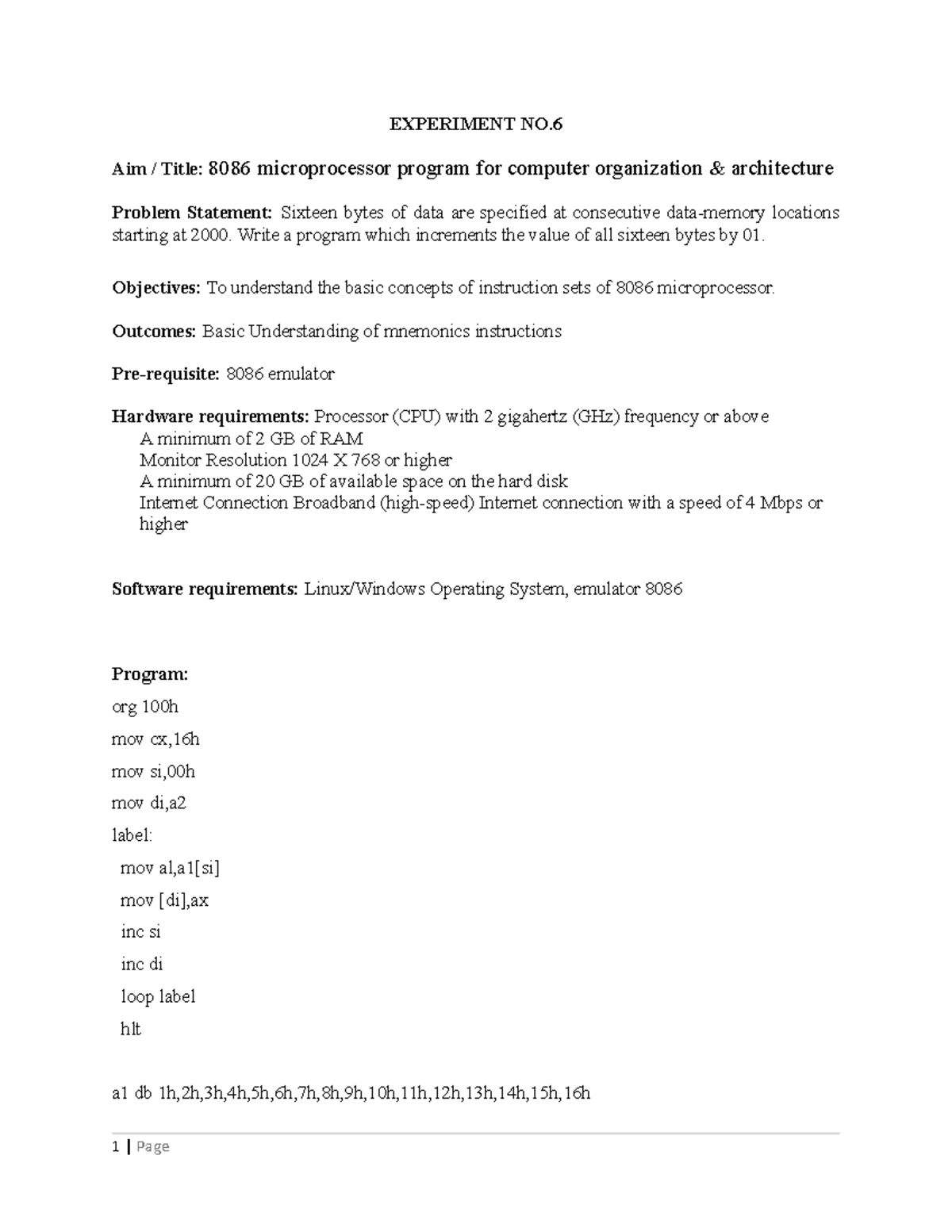COA EXPERIMENT 6 - EXPERIMENT NO. Aim / Title: 8086 microprocessor program for computer ...
