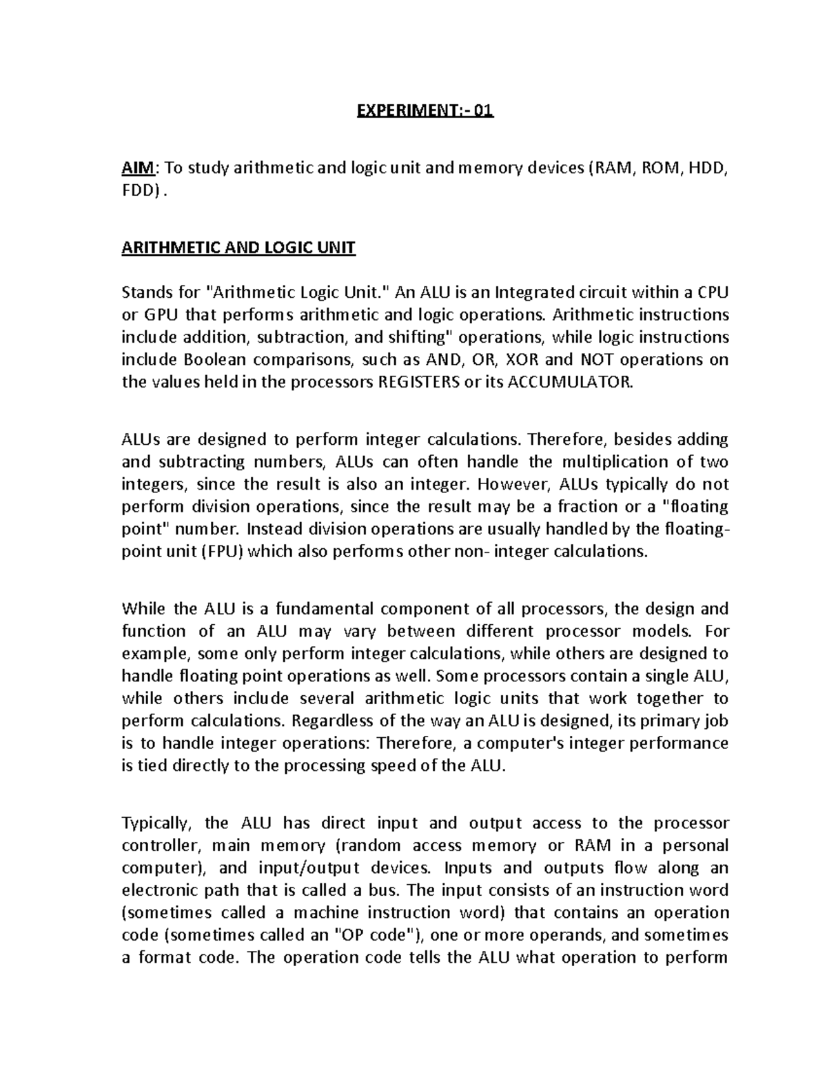 CA Lab - CA Lab - EXPERIMENT:- 01 AIM : To study arithmetic and logic ...