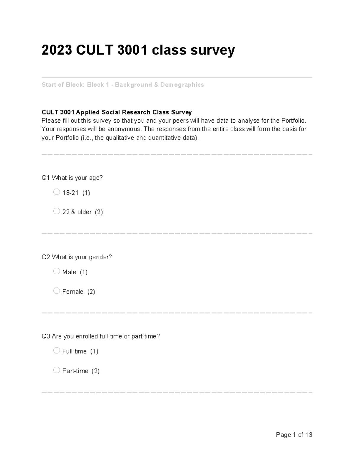 2023 CULT 3001 class survey codebook - 2023 CULT 3001 class survey ...