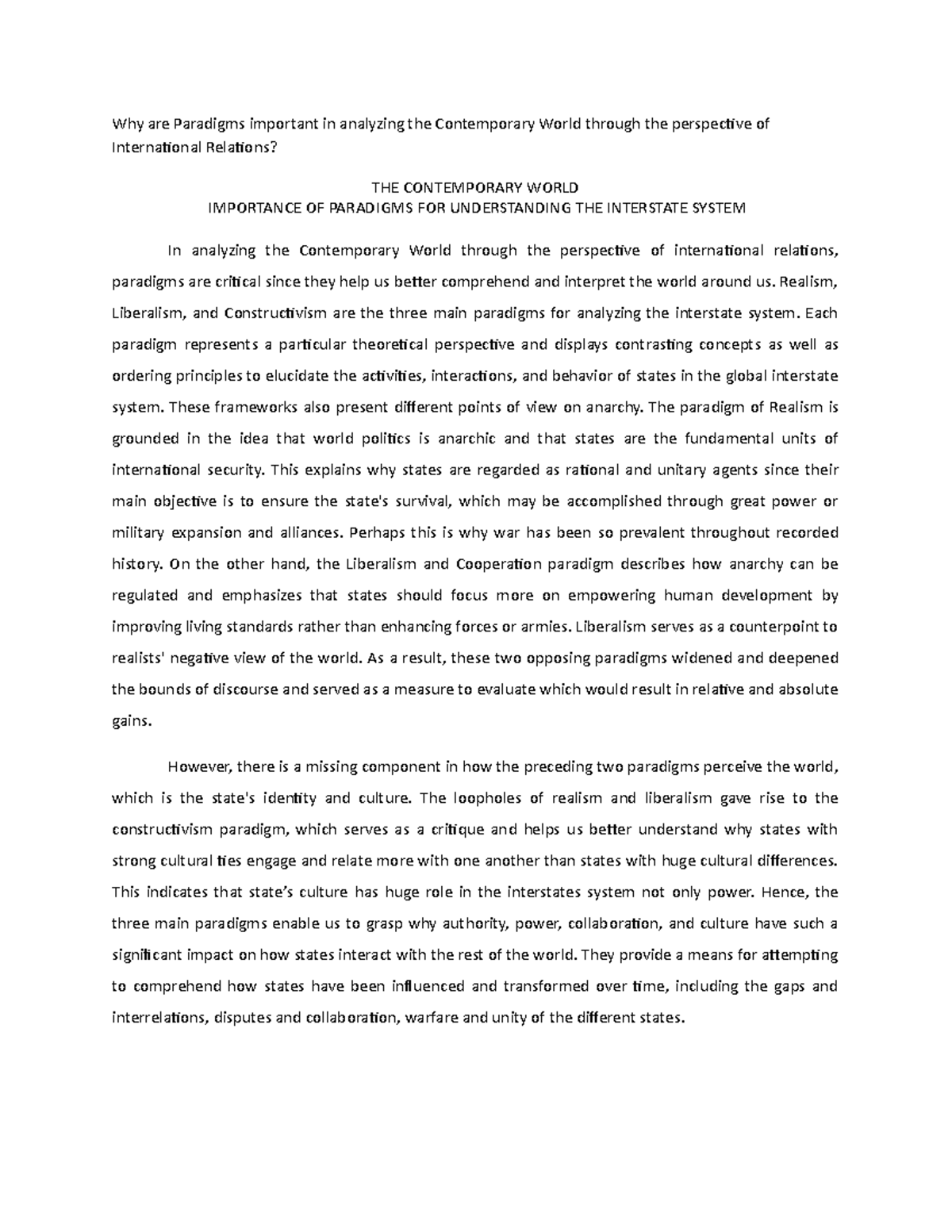 Essay 1-Paradigms - THE CONTEMPORARY WORLD IMPORTANCE OF PARADIGMS FOR ...