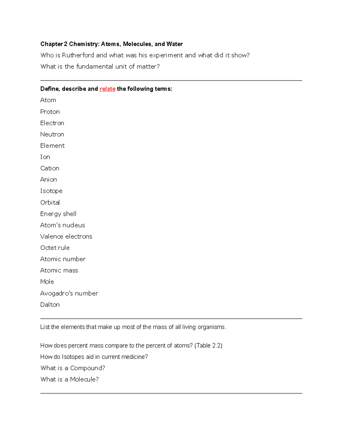 Chapter 2 Study Guide - Chapter 2 Chemistry: Atoms, Molecules, and ...