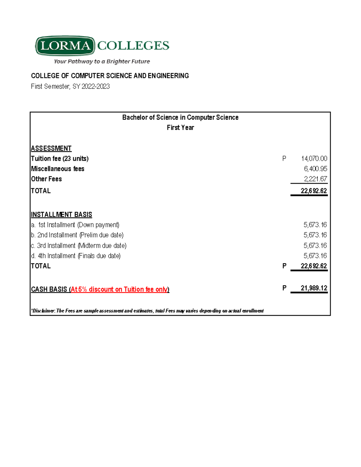 BSCS - BSCS - First Semester, SY 2022- ASSESSMENT Tuition fee (23 units) P 14,070. Miscellaneous ...