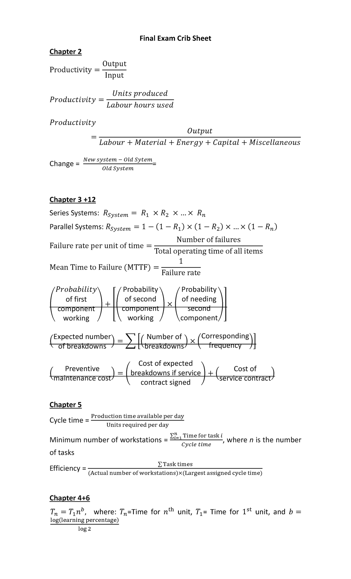 GMS401 Final Exam Crib Sheet - F2023 - Final Exam Crib Sheet Chapter 2 ...