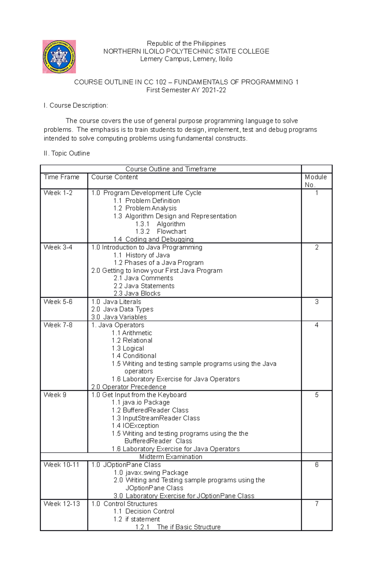 Course Outline In Cc 102 Programming 1 Republic Of The Philippines Northern Iloilo Polytechnic