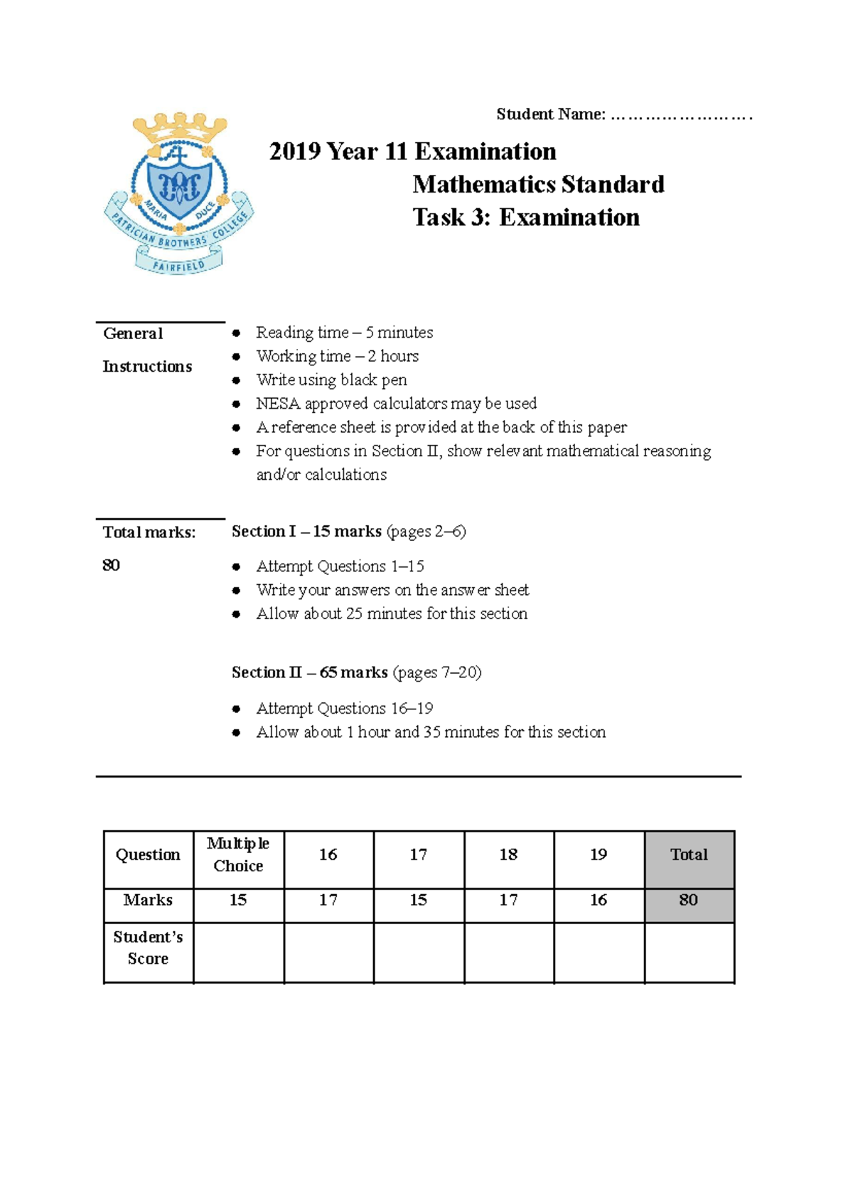 Math standard 2 Mock exam Task 3wefew - Student Name ...