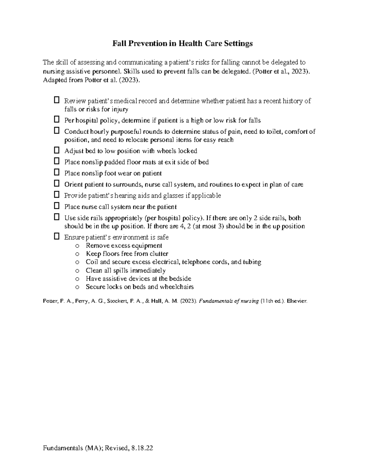 Fall Prevention Strategies - Fundamentals (MA); Revised, 8. Fall ...