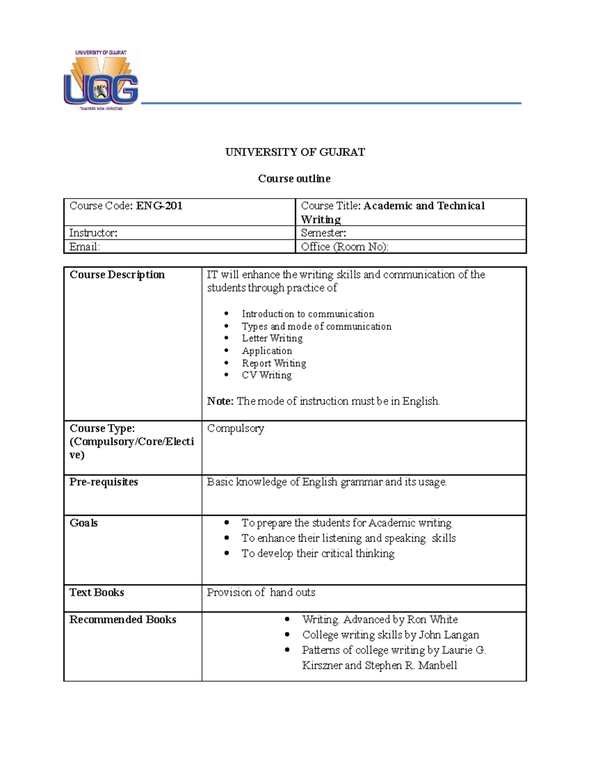 Outline ENG 201 Academic and Technical Writing-1 - UNIVERSITY OF GUJRAT Course outline Course ...
