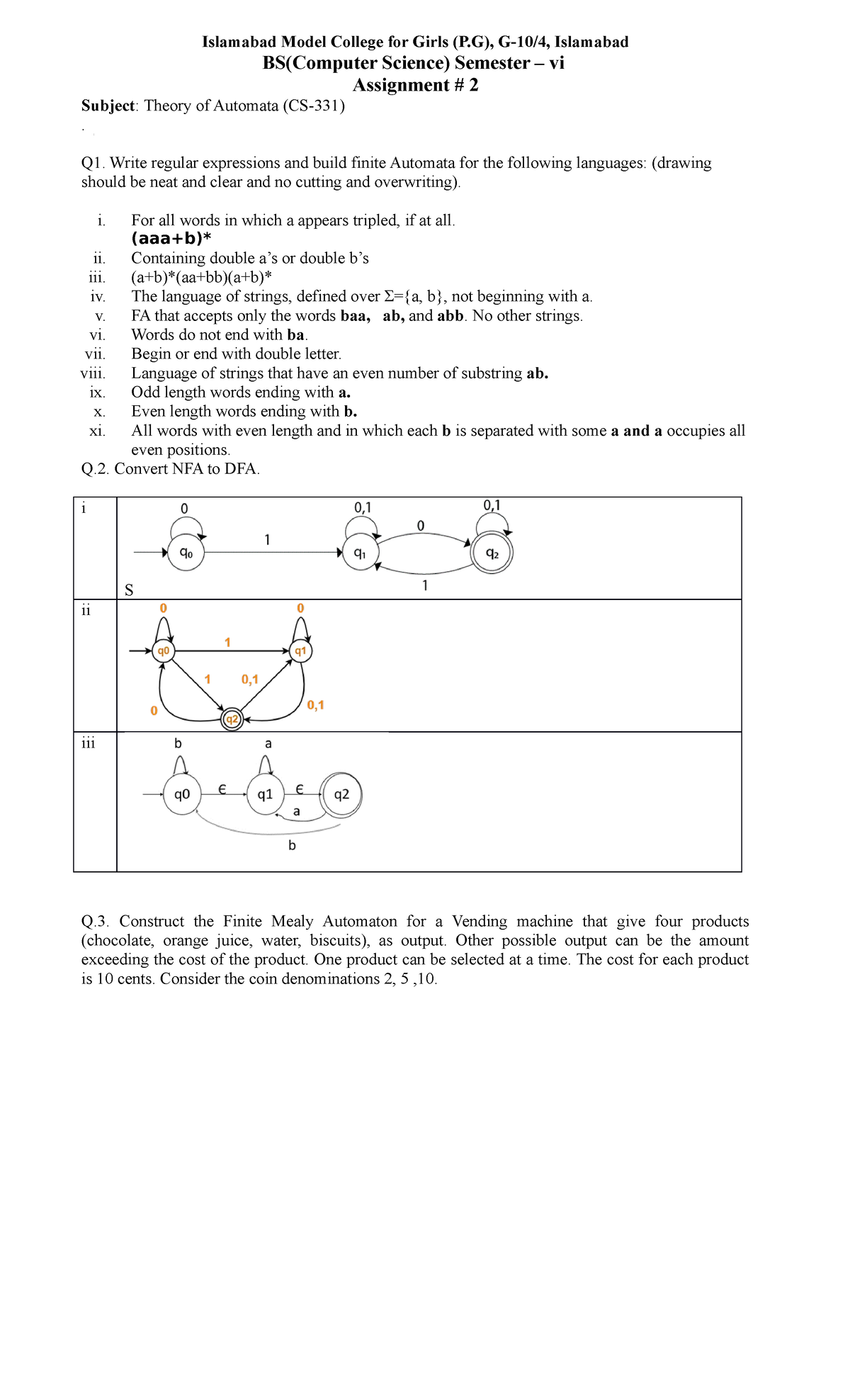 Assignment 2 TOA - Islamabad Model College for Girls (P), G-10/4 ...