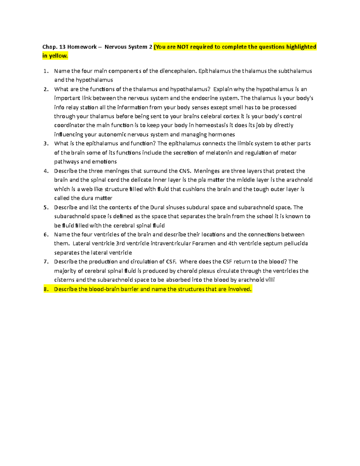 Chap 13 homework Nervous System 2 - Chap. 13 Homework – Nervous System ...