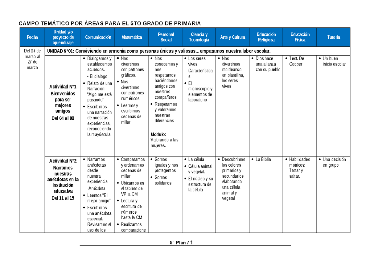 Campo Tematico - ACTIVIDADES - CAMPO TEMÁTICO POR ÁREAS PARA EL 5TO ...