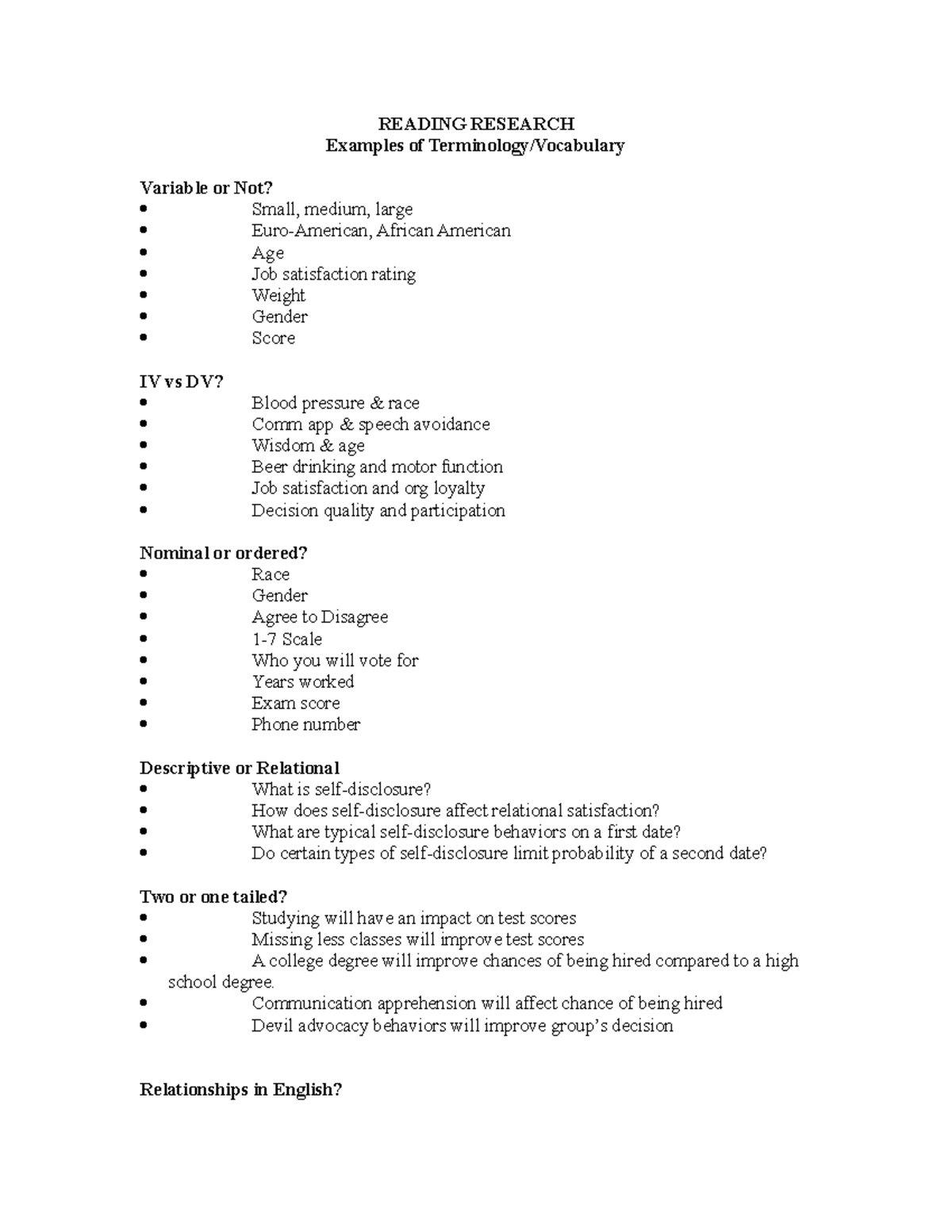 Reading Research Vocabulary Example WS - READING RESEARCH Examples of ...