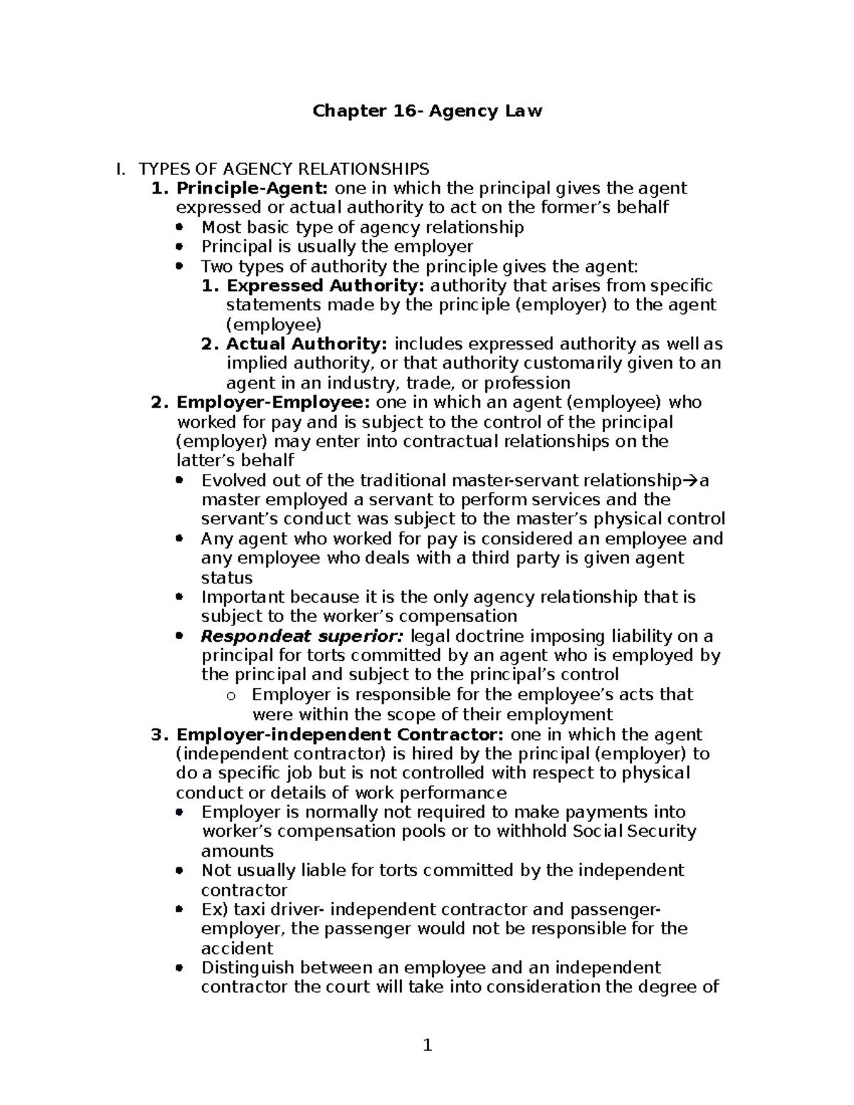 LGST Final Study Guide - Chapter 16- Agency Law I. TYPES OF AGENCY ...