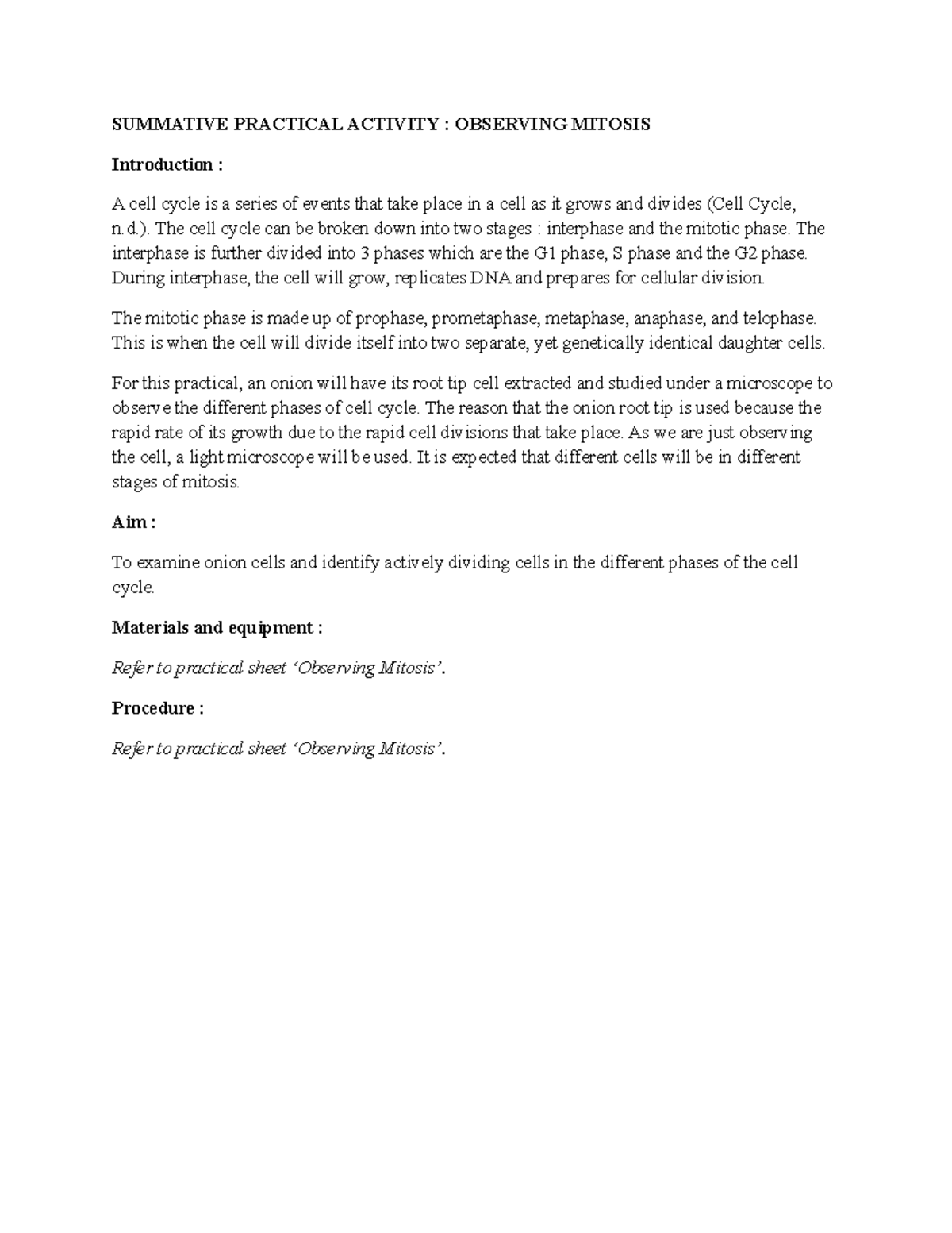 Onion Mitosis Practical - SUMMATIVE PRACTICAL ACTIVITY : OBSERVING ...
