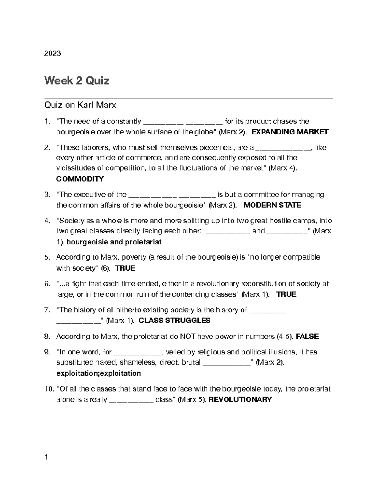 Quiz on Marx - Quiz practice question with answers. - 2023 Week 2 Quiz ...