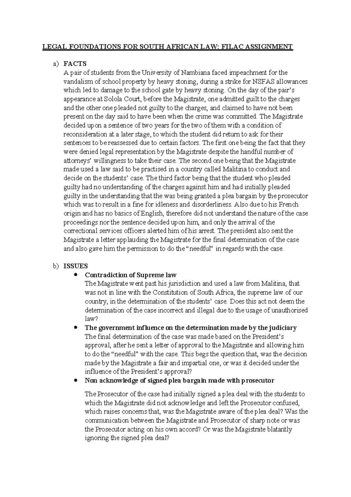 Filac Assignment - LEGAL FOUNDATIONS FOR SOUTH AFRICAN LAW: FILAC ...
