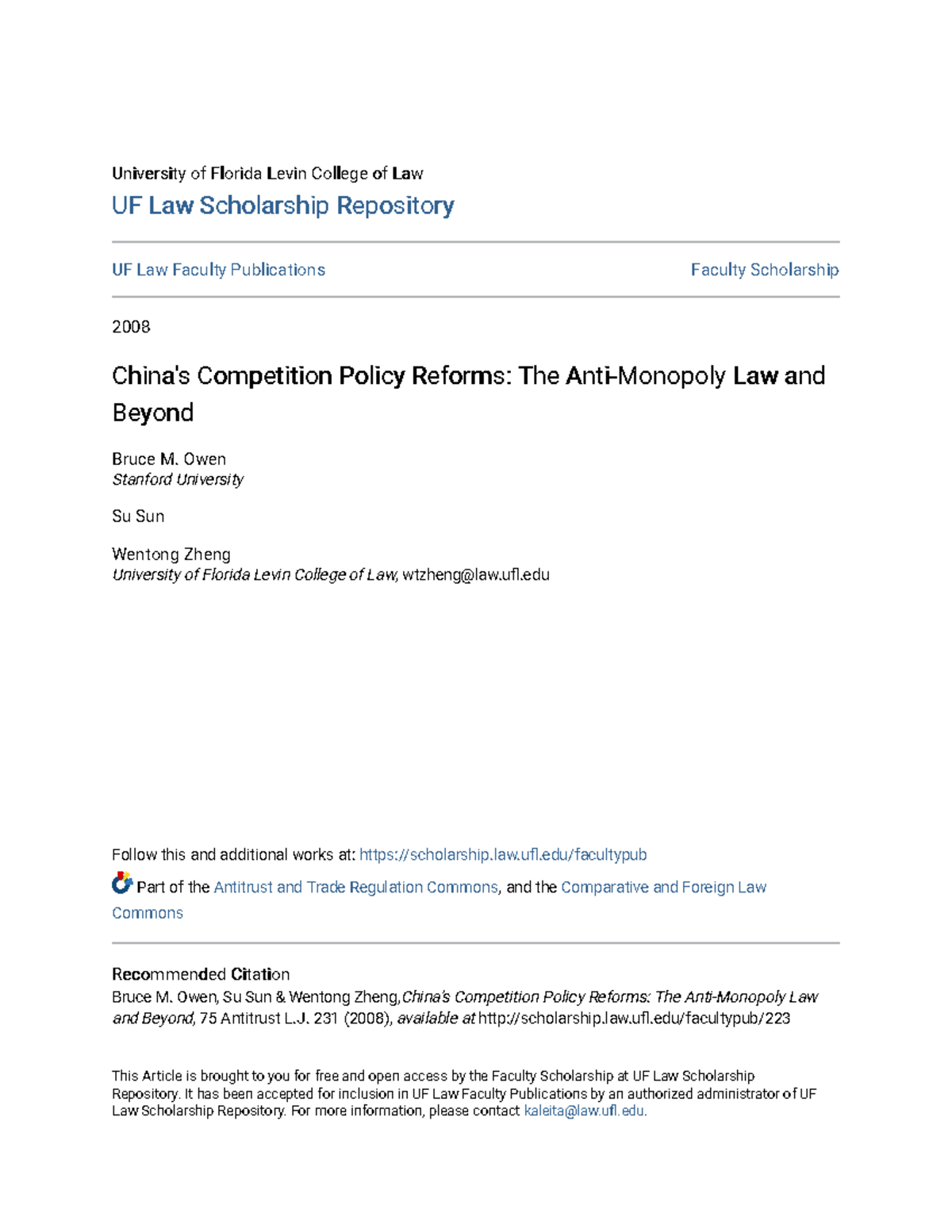 Chinas Competition Policy Reforms The Anti-Monopoly Law and Bey ...