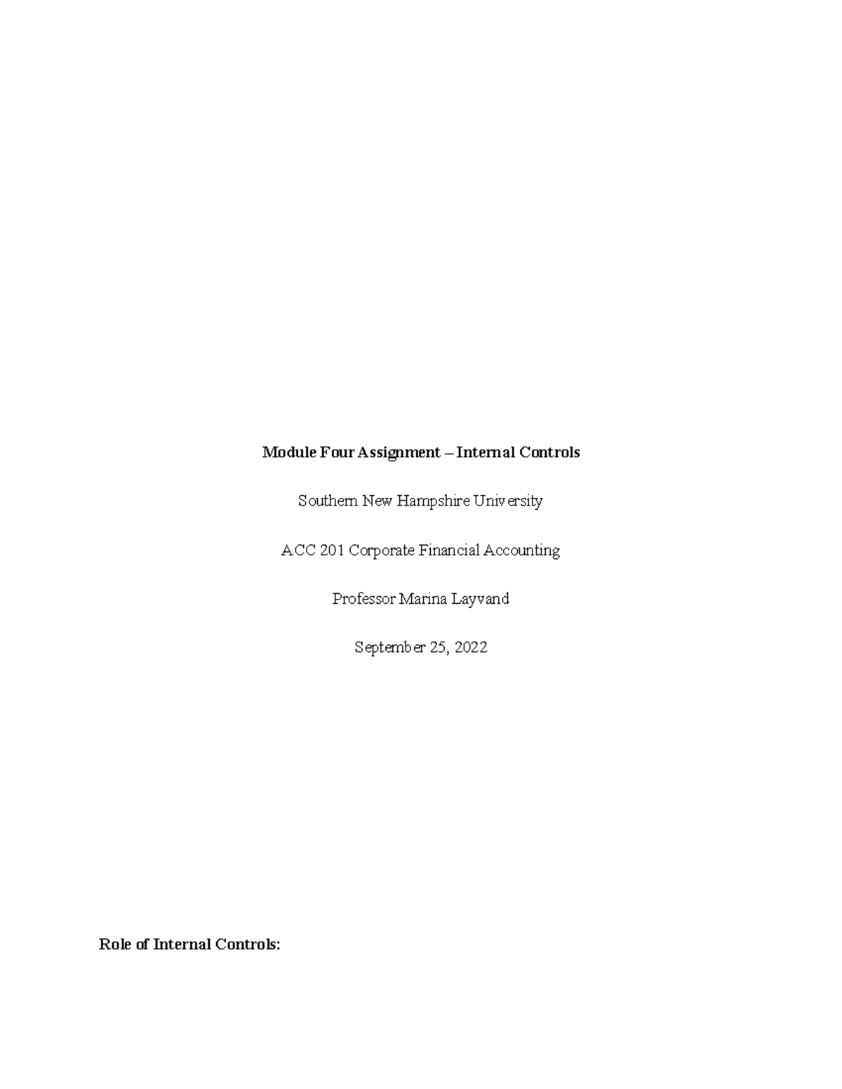Module Four Assignment Internal Controls 9 - Module Four Assignment – Internal Controls Southern ...