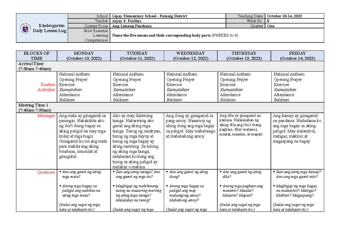 Kindergarten-DLL-MELC-Q1-Week 8 asf - Kindergarten Daily Lesson Log School Lipay Elementary ...