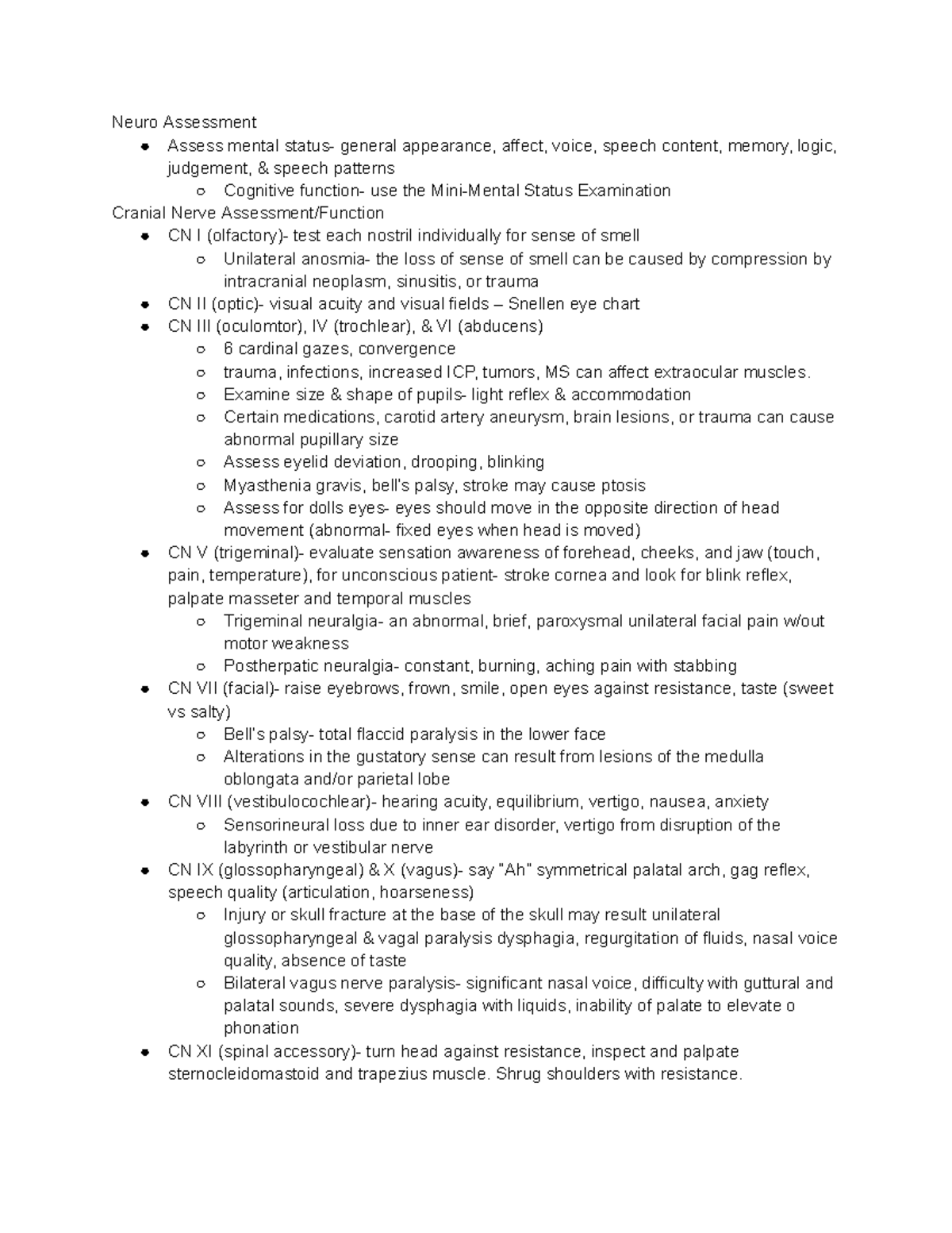 Health Assessment Exam 3 Study Guide - Neuro Assessment Assess mental ...