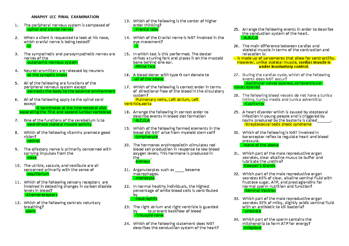 Anaphy LEC Final Examination - ANAPHY LEC FINAL EXAMINATION The ...