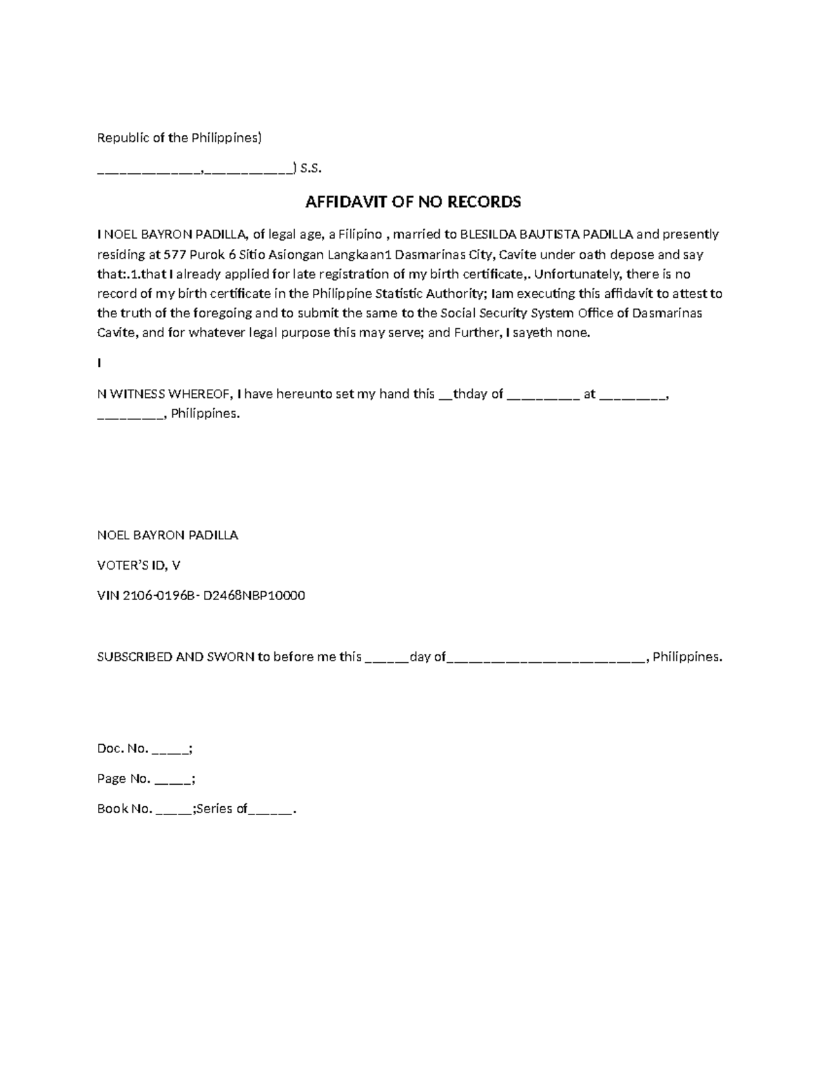 Affidavit - legal form - Republic of the Philippines) __,) S. AFFIDAVIT ...