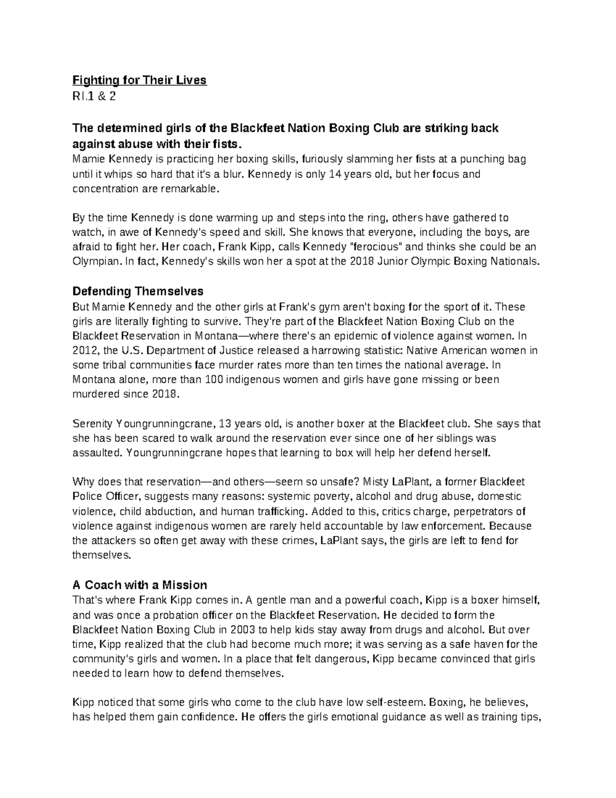 Student Bryson Fischer - Bellwork Week 3 - Fighting for Their Lives RI ...