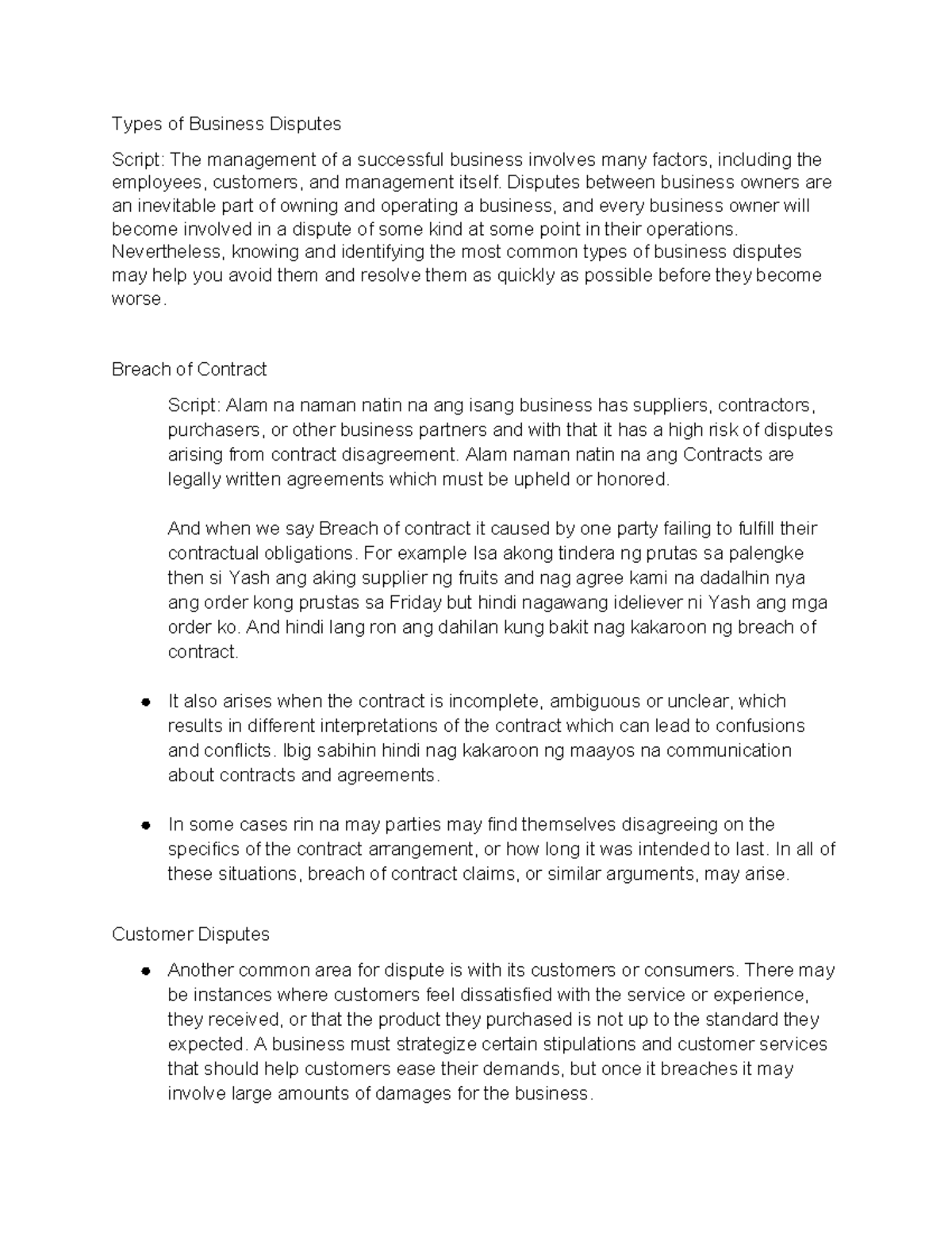 Types of Business Disputes - Types of Business Disputes Script: The ...