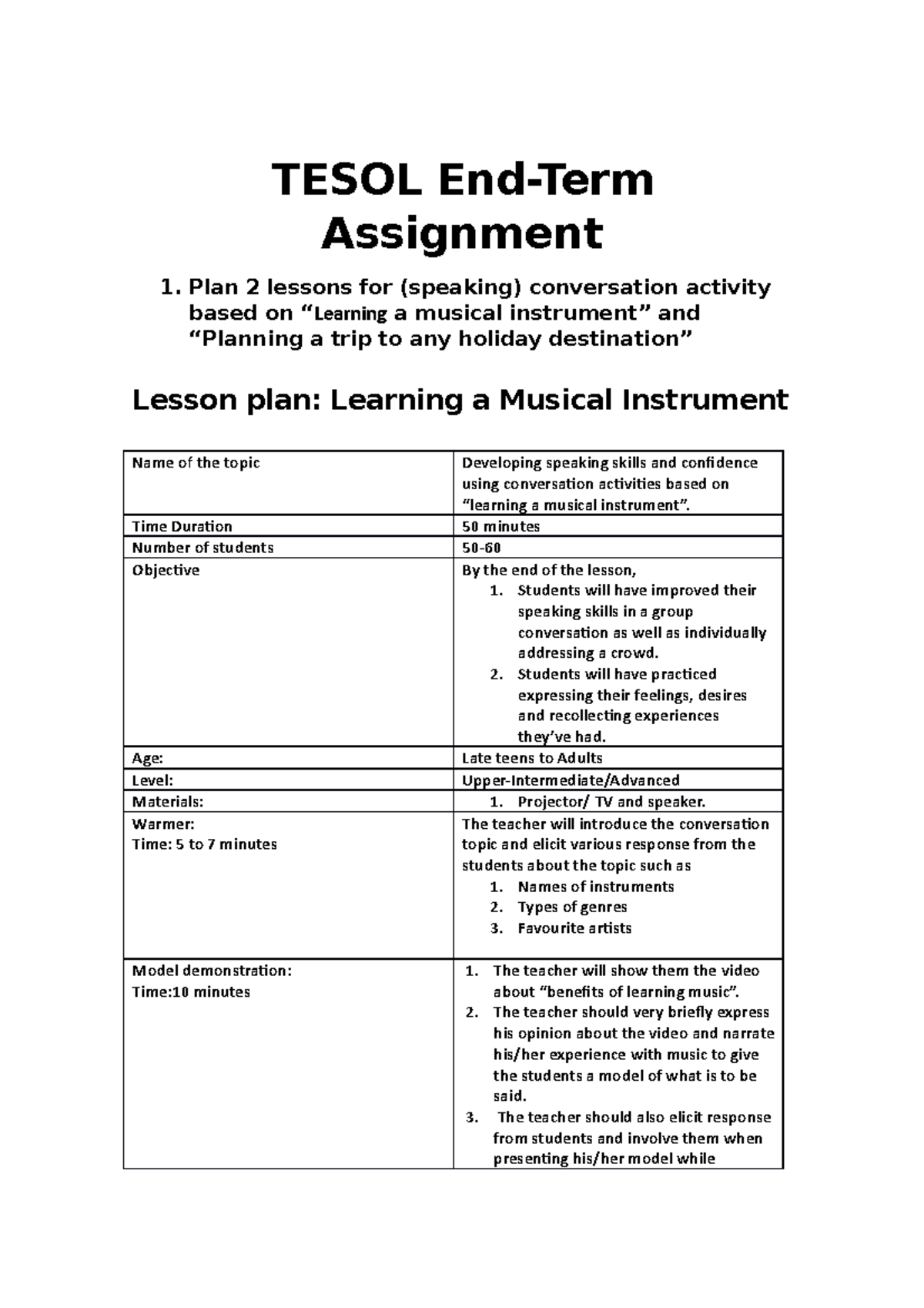 Draft assignment - TESOL End-Term Assignment 1. Plan 2 lessons for ...