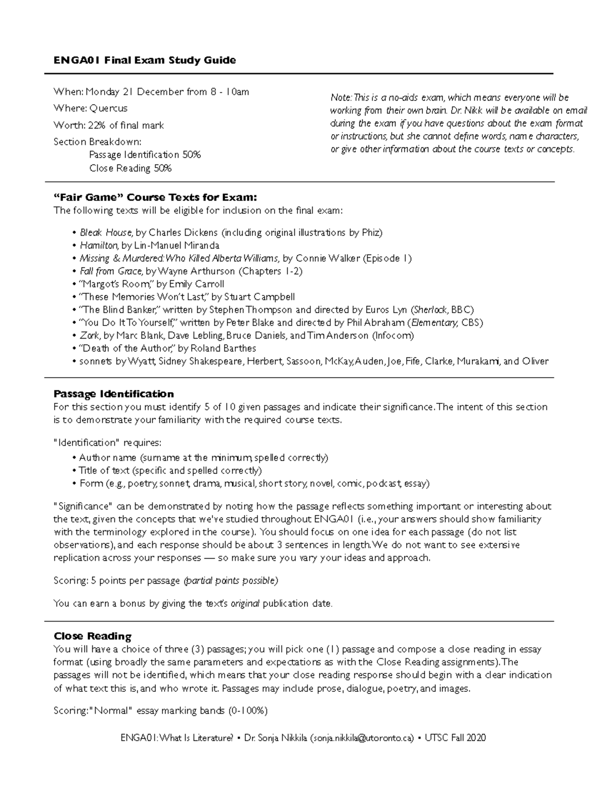 Exam Study Sheet 2020F - ENGA01 Final Exam Study Guide When: Monday 21 ...