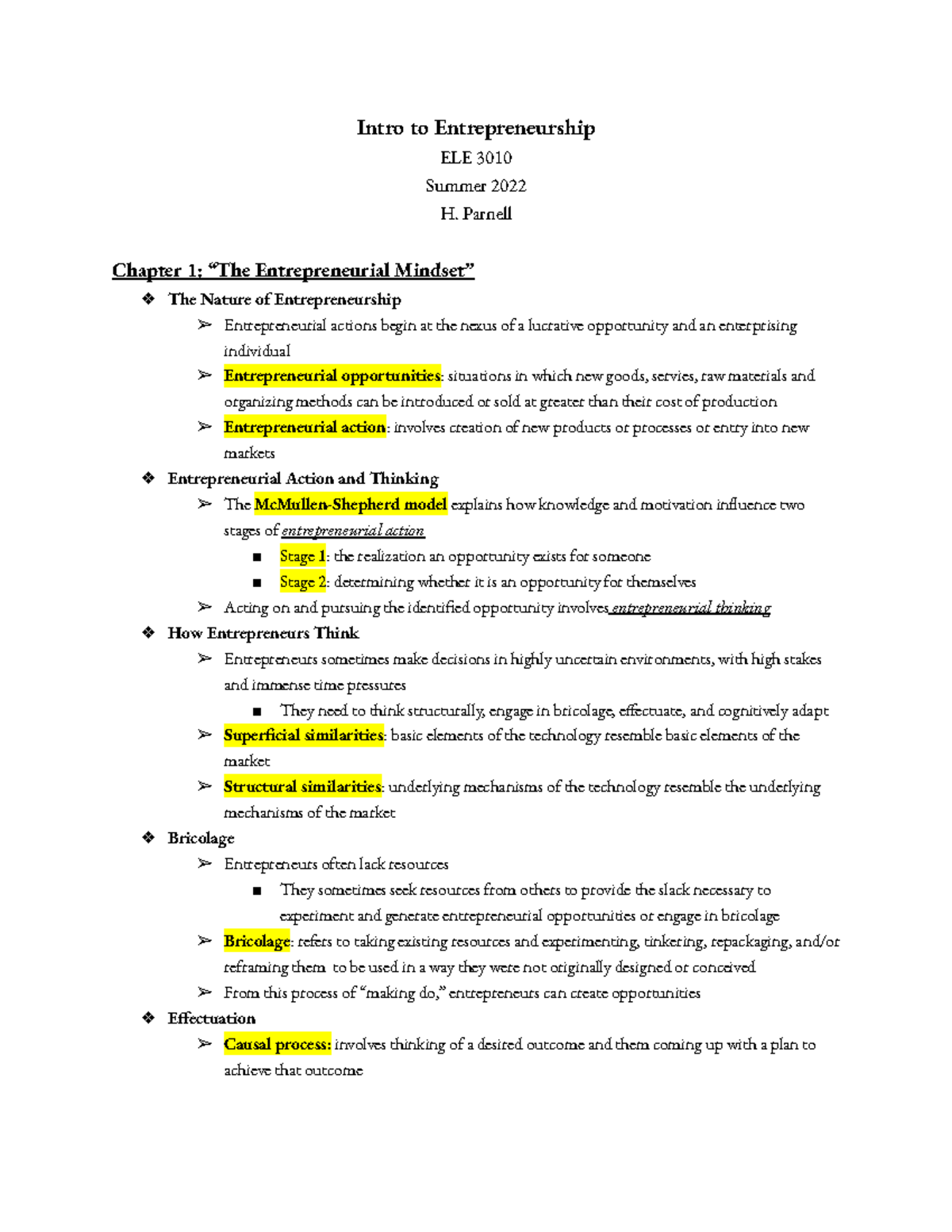 ELE 3010 Semester Notes - Intro to Entrepreneurship ELE 3010 Summer ...