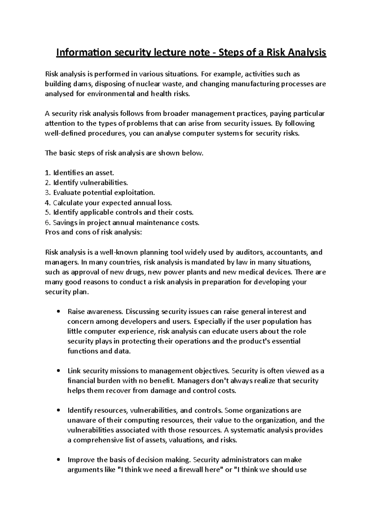 Information security - Steps of a Risk Analysis lecture note ...